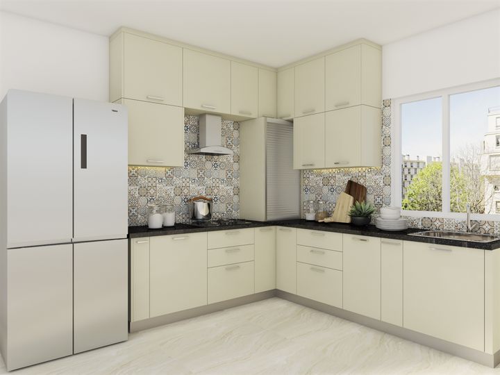 Reimagined Monochromatic Cream Modular Kitchen