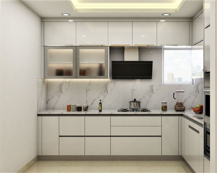 Modern Style L-Shaped All-white Modular kitchen Design | Livspace