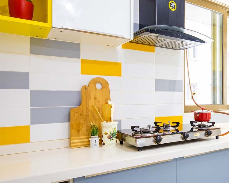 Multicoloured Kitchen Tile Design With A Wall Dado | Livspace