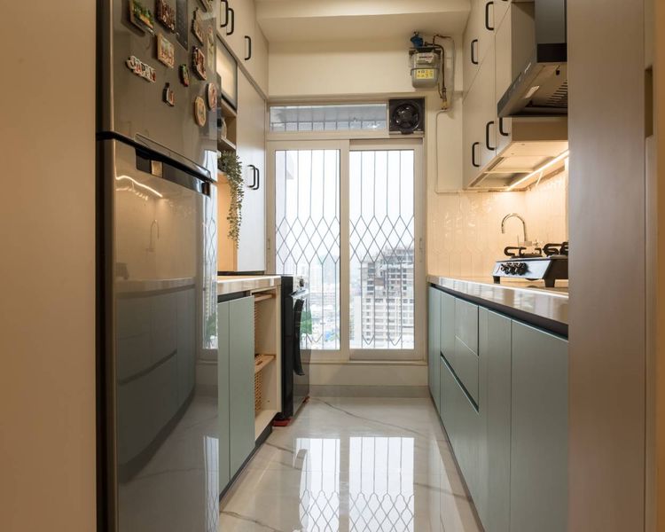 Modern Parallel Kitchen Design with Suede Finish and Quartz Top | Livspace