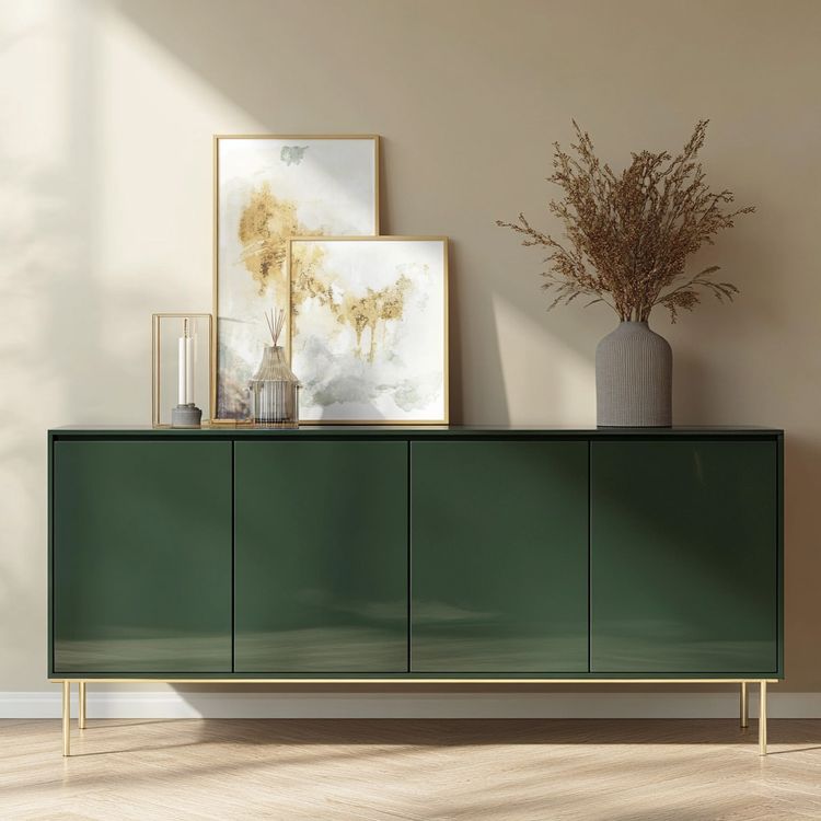 Olive Green Modern Foyer Design with High Gloss Green Console and Art ...