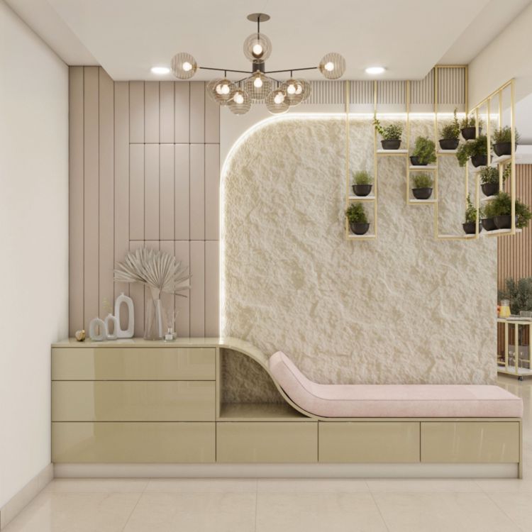 Contemporary Foyer Design With Curved Bench, Planters, and Cove ...