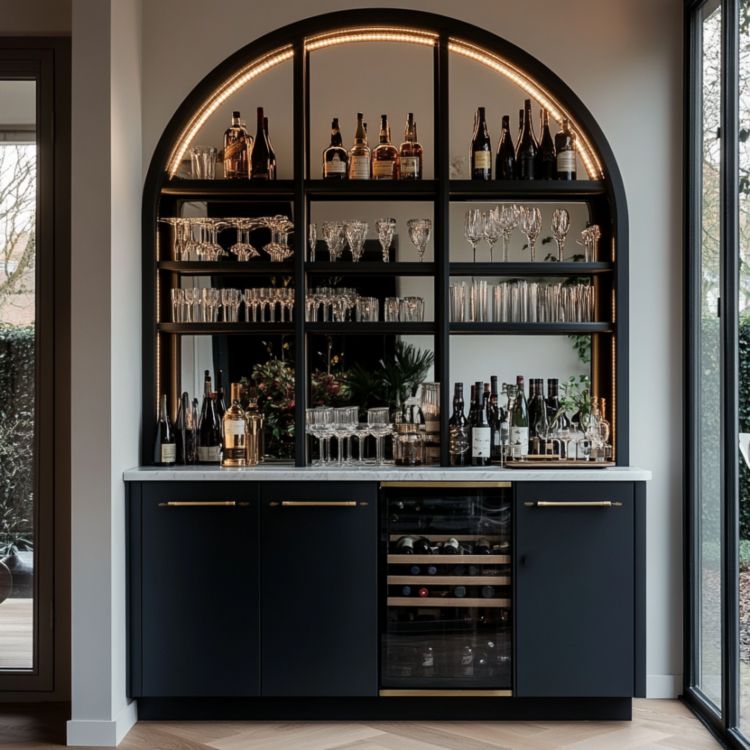 Modern Home Bar Design with Wave Blue, LED Lighting, and Wine Cooler ...