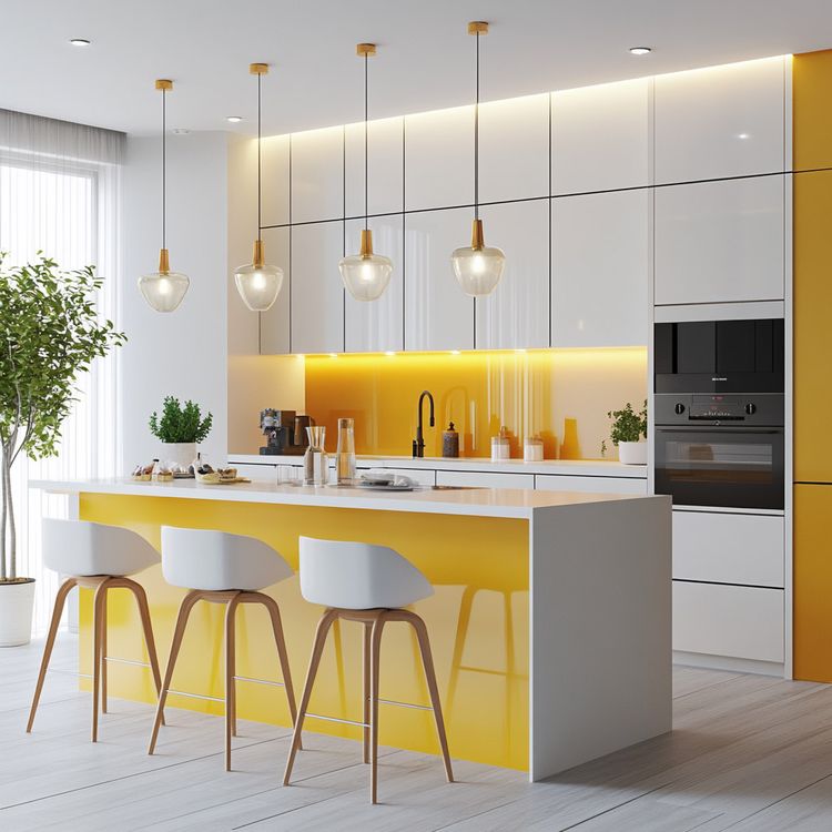 Marigold Yellow Modern Island Kitchen Design with Marble Countertop and ...