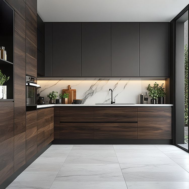 Modern L-Shaped Kitchen Design in Slate and Walnut with Marble ...
