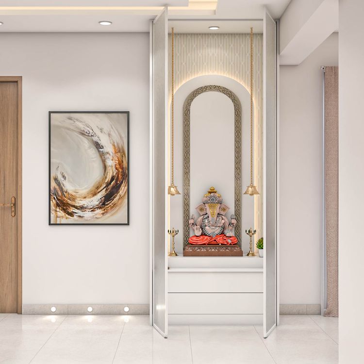 Contemporary Pooja Design with Golden Filigree and Hidden Drawer ...