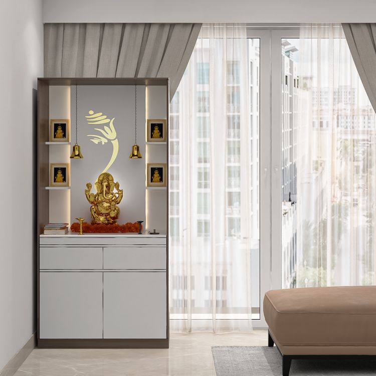 White Contemporary Pooja Unit Design with Backlit Display Niche and ...