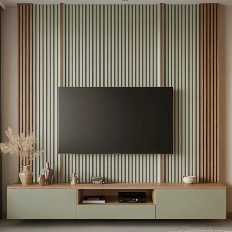 Modern TV Unit Design with Vertical Slat Design and Open Shelves | Livspace