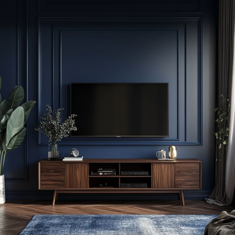 Mid-Century Modern TV Unit Design with Walnut Finish and Sliding Doors ...