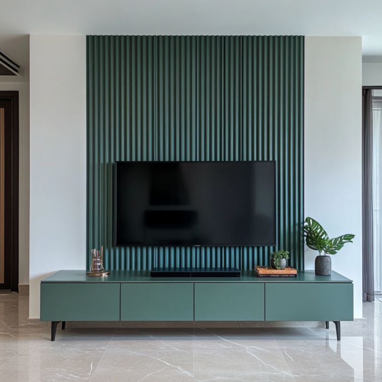 Mid-century Modern TV Unit Design with Handle-less Storage, Slatted ...