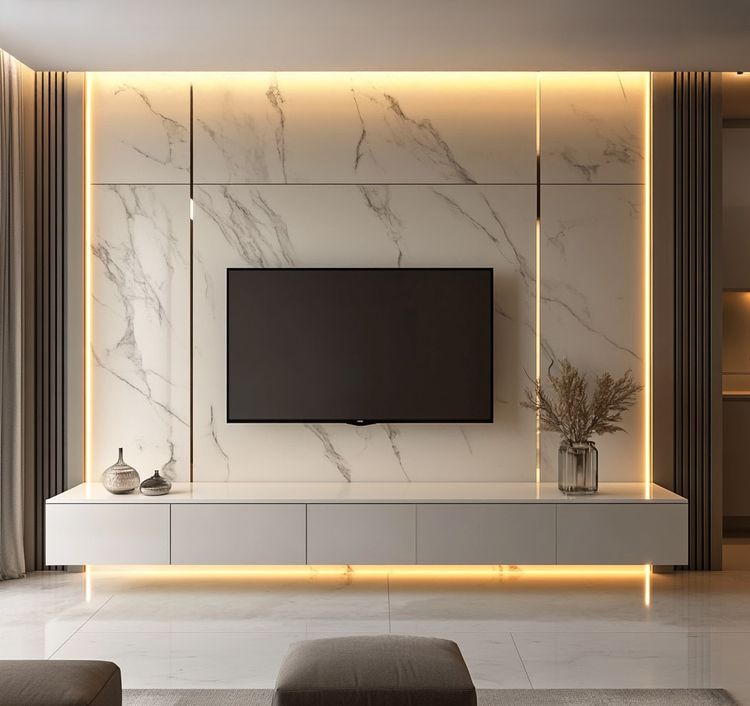 Modern Suede-Finished Off-White TV Unit Design With Marble Backdrop ...