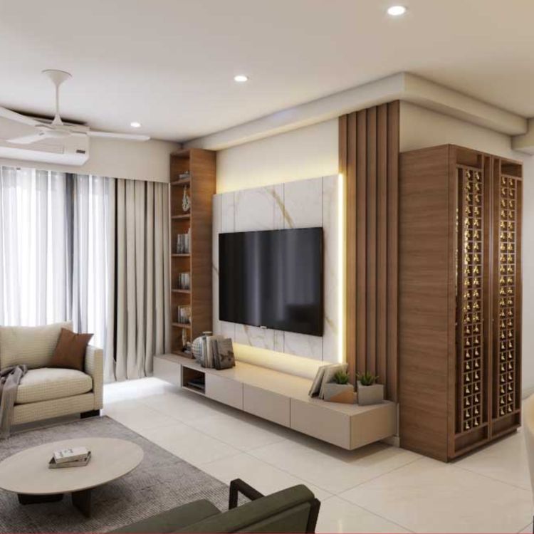 Modern TV Unit Design with Lattice Partition, Open Shelves Marble ...