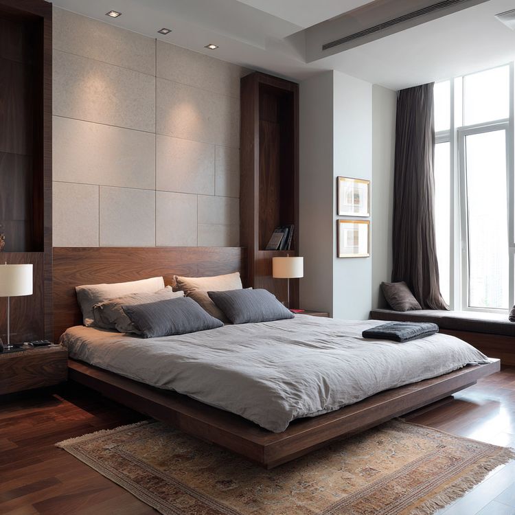 Modern Master Bedroom Design with Stone-Like Wall Finish and Low ...