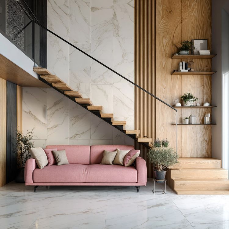 L-Shaped Modern Staircase Design with Wood and Metal Finish | Livspace