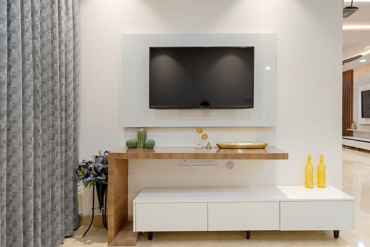 White and Teak Minimal TV Unit Design with Floating Shelves and Drawers ...