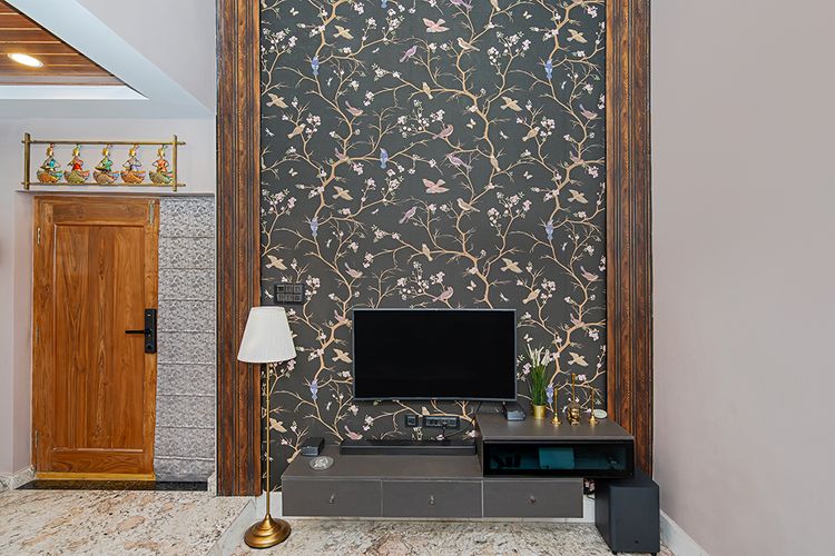 Contemporary Grey TV Unit Design with Mirrored Panels and Concealed ...