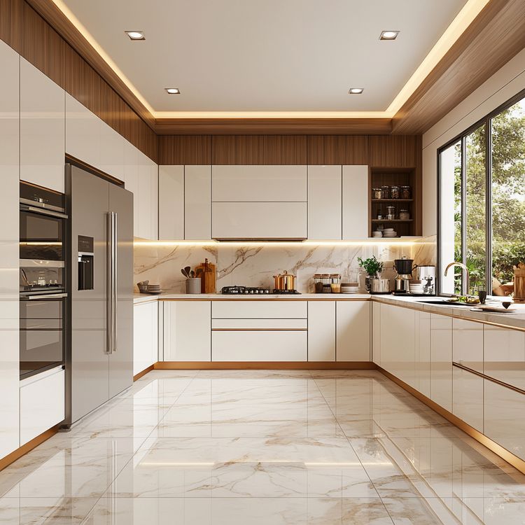 White and Walnut U-Shaped Modern Kitchen Design with Marble Countertop ...