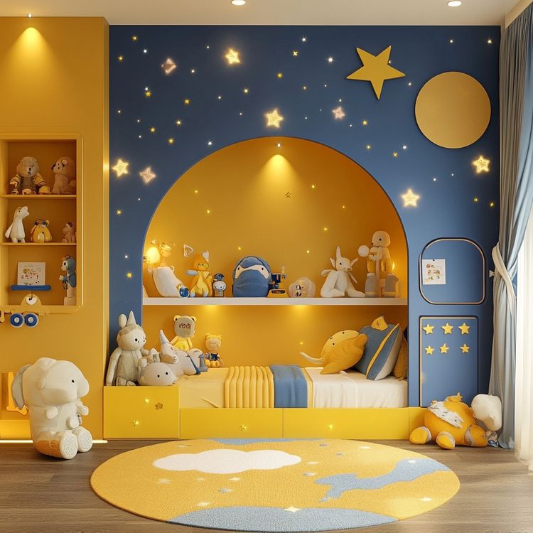 Blue and Yellow Celestial Wall Paint Design for a Kids' Bedroom | Livspace