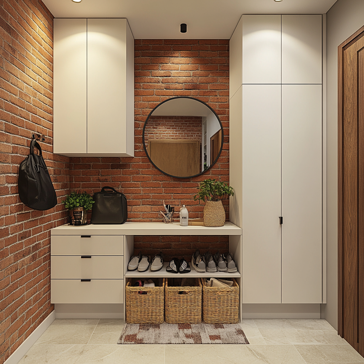 Foyer Design with Industrial-Style Open Storage, Brick Walls, and Sleek ...