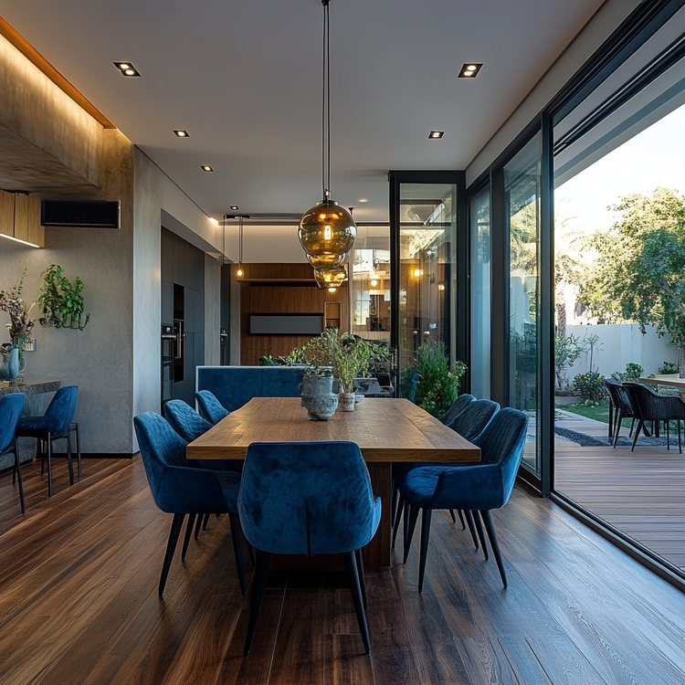 8-Seater Contemporary Dining Room Design with Blue Upholstered Chairs ...