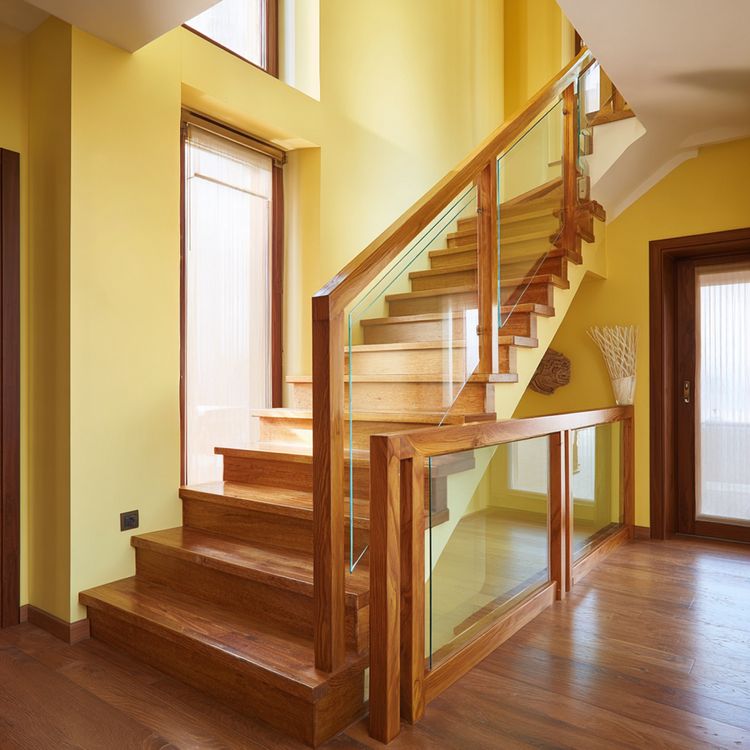 L-Shaped Modern Staircase Design with Wood Steps and Glass Balustrade ...
