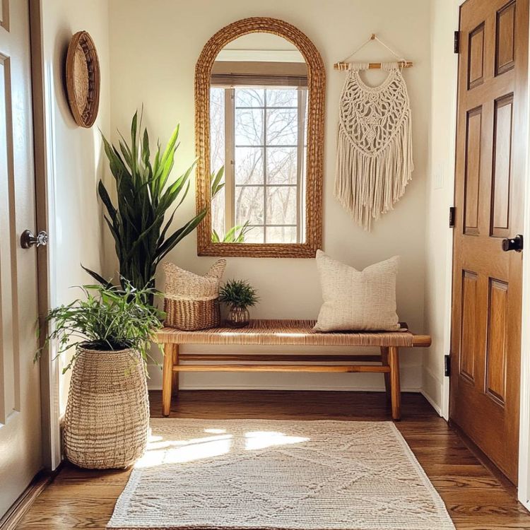 Minimal Foyer Design with Woven Mirror and Macramé Decor | Livspace