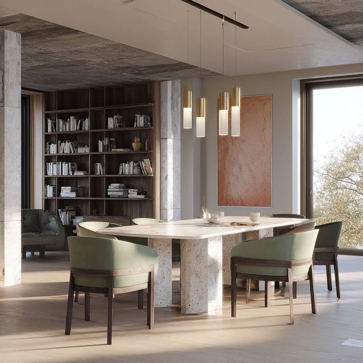 Modern Dining Room Design Featuring Marble Table and Sleek Bookshelf ...