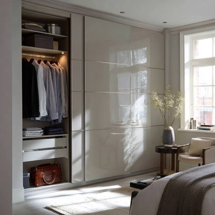 3-Door Modern Beige Sliding Wardrobe Design with High Gloss Glass ...