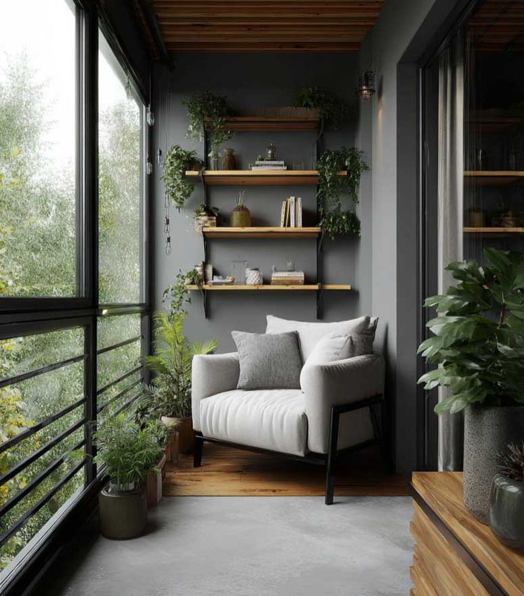 Rustic Balcony Design with Dark Grey Walls, Wood Accents and Greenery ...