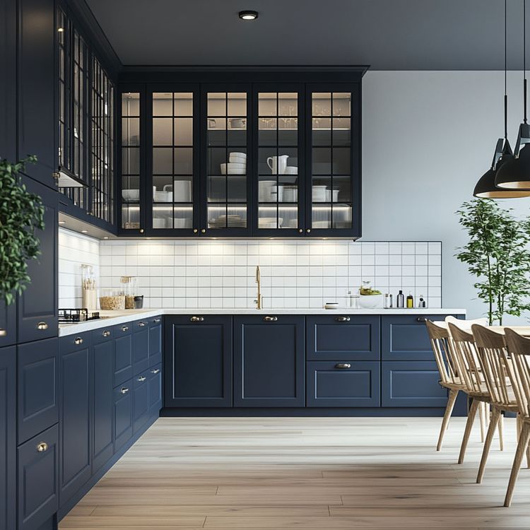 Spacious Classic Dark Blue L-Shaped Kitchen Design with Matte Finish ...
