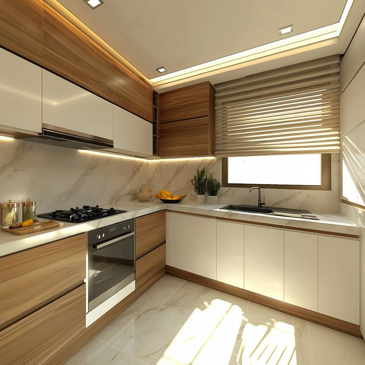 Brown and White L-Shaped Contemporary Kitchen with Quartz Countertop ...