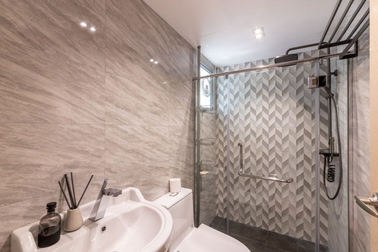Rectangle Beige And Grey Wall Tile Design For Bathrooms | Livspace