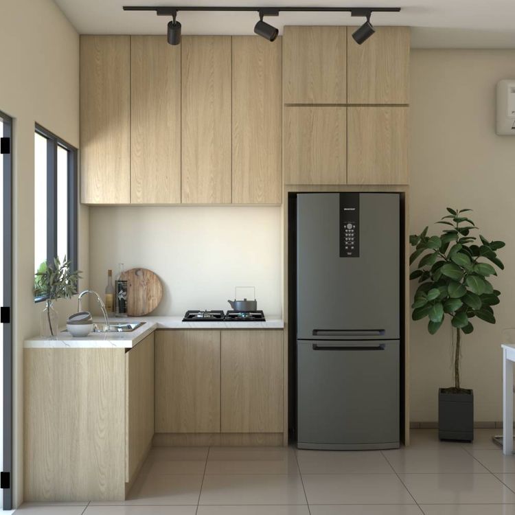 Wooden Modular L Shaped Kitchen Design With White Quartz Countertop ...