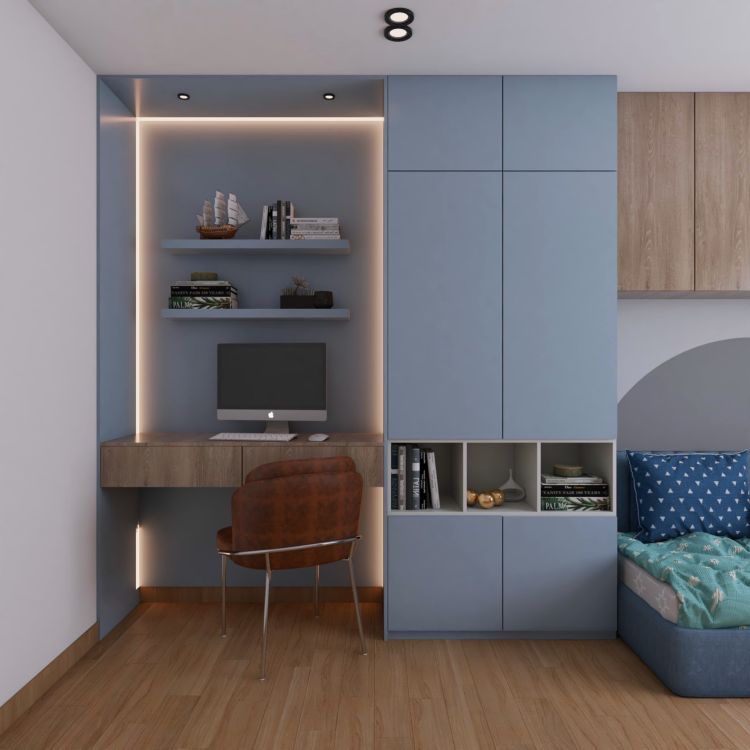 Blue And Wood 2-Door Swing Wardrobe Design With Integrated Study Table ...