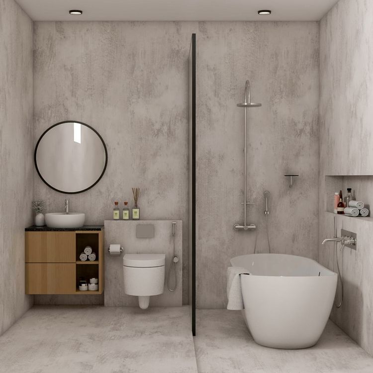 Grey Minimal Bathroom Design With Bathtub And Glass Partition | Livspace