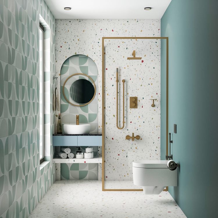 Modern Bathroom Design: Glass Partition, Circular Mirror & Terrazzo ...