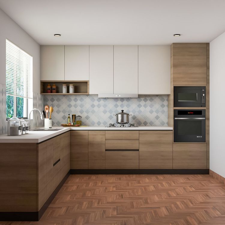 L-Shaped Kitchen Design: Wood and White Design, Quartz Countertops and ...