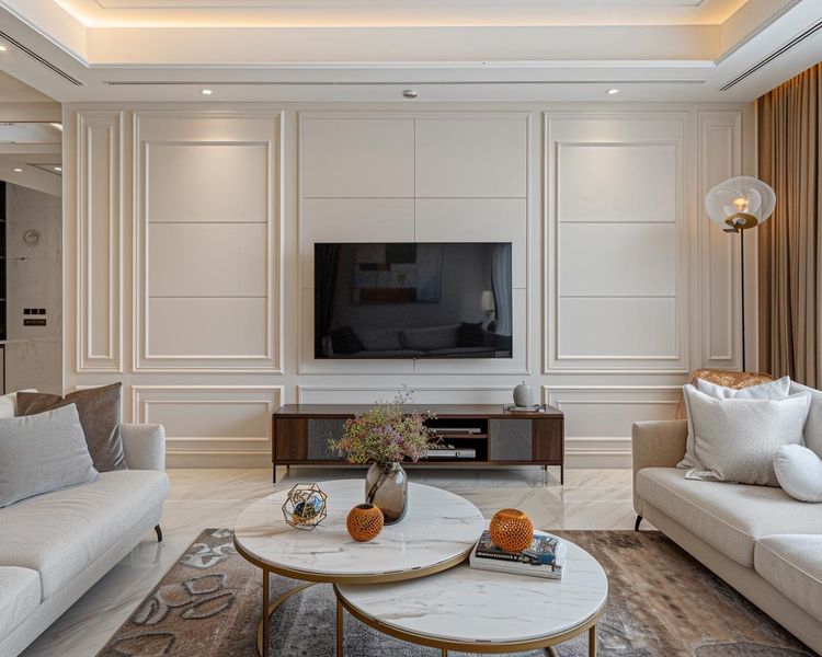 Cream Wall Design with Trims for Contemporary Bedrooms and Living Rooms ...