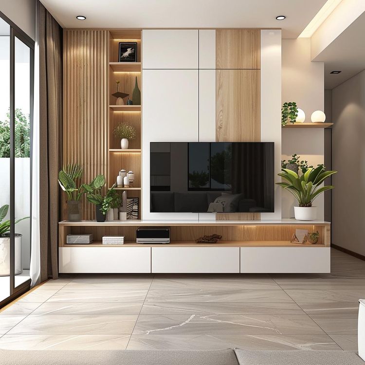 Champagne and Acacia Wall-Mounted TV Unit Design with Panelled ...