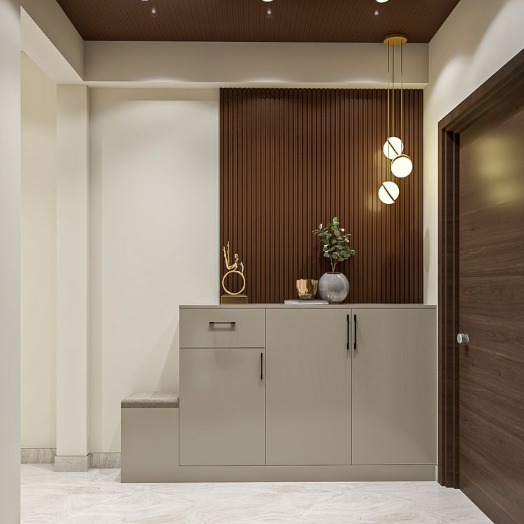 Modern Foyer Design Featuring Integrated Storage and Cushioned Seating ...