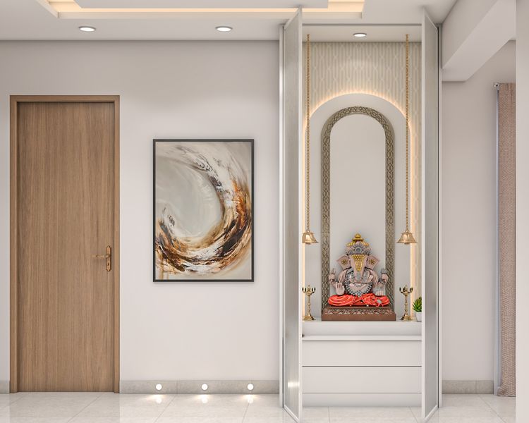 Tall Modern Pooja Unit Design with Arch Design and Storage Drawers ...