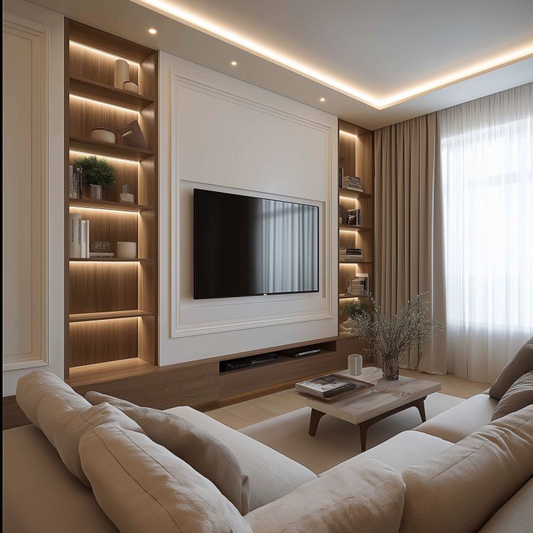 Modern Wood and White TV Unit Design with Backlit Shelves and Closed ...