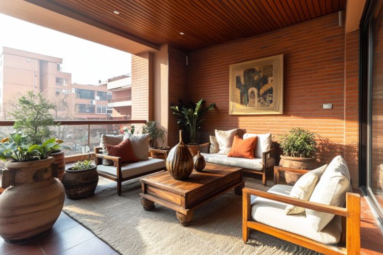 Balcony Design in Indian Traditional Style with Brick Wall and Wooden ...