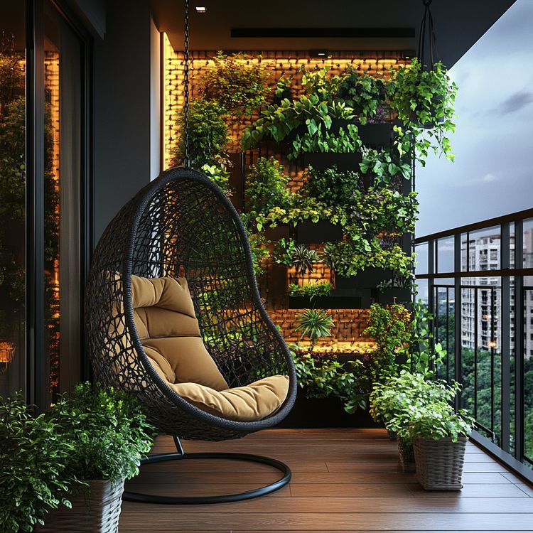 Balcony Design with Tropical Vertical Garden, Hanging Chair, and Warm ...