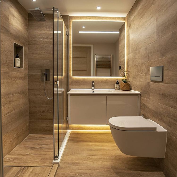 Contemporary Bathroom Design with Drawer Vanity, Wooden Brown Tiles and Square Mirror | Livspace