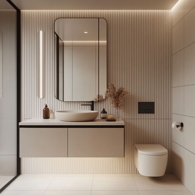 Minimal Bathroom Design with Rectangular Mirror, Cream Tiles and Drawer ...