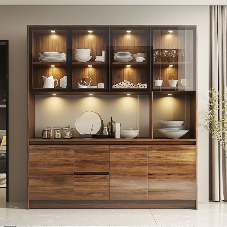 Walnut Bronze Modern Crockery Unit Design with Glass Shutters and ...