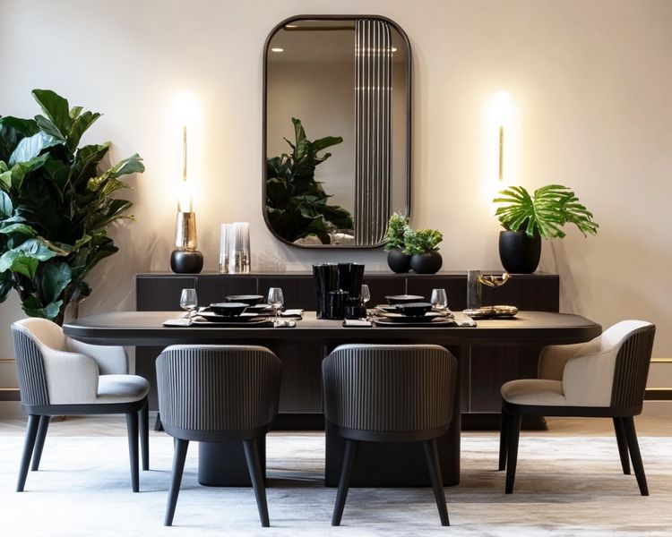 6-Seater Contemporary Dining Room Design with Black Table and ...