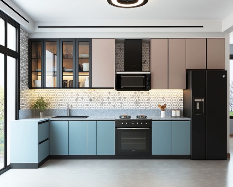 L-Shaped Kitchen Design with Contemporary Granite Countertop and Glass ...