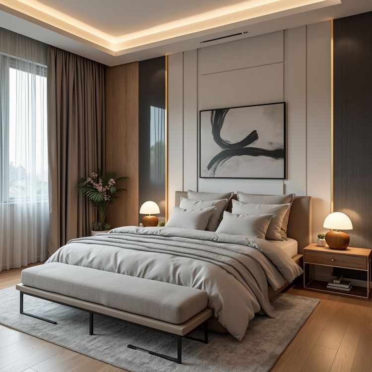 Master Bedroom with Contemporary King Bed, Bench with Metal Frame and ...